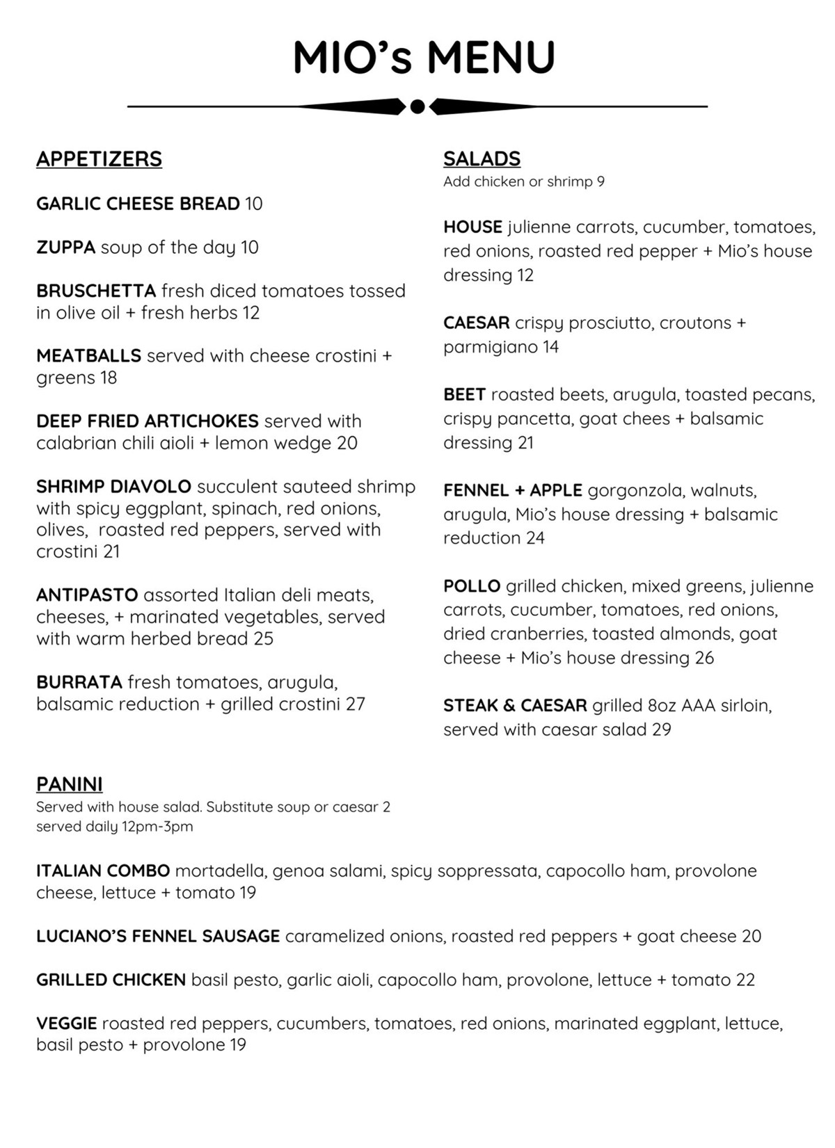 Caffe Mio Menu
